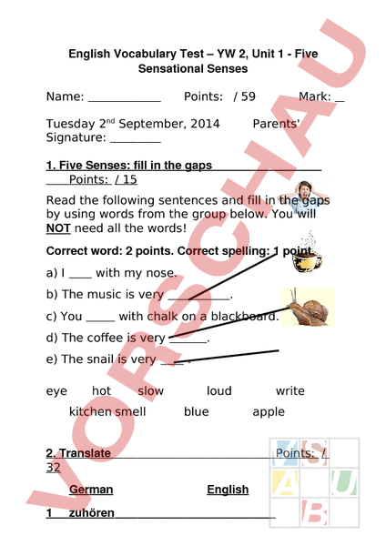 Arbeitsblatt: English Young World 2 Unit 1 Test - Englisch - Wortschatz