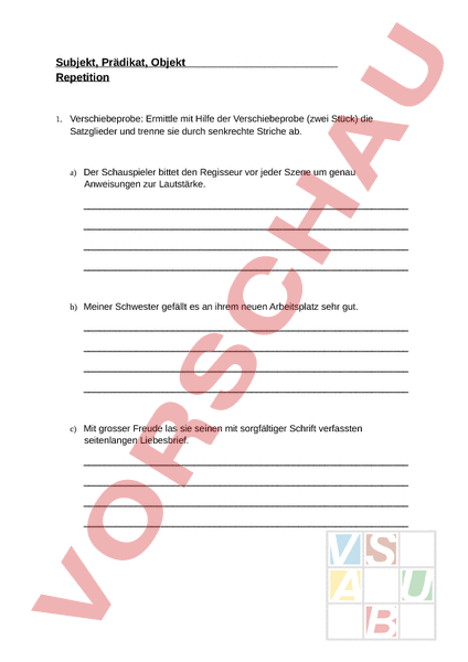 Arbeitsblatt: Subjekt, Prädikat, Objekt - Deutsch - Grammatik