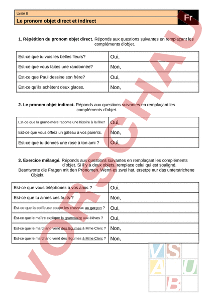 Arbeitsblatt: Pronoms, objet direct, objet indirect avec solutions ...