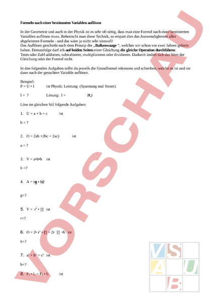 Arbeitsblatt: Formeln umwandeln / auflösen - Mathematik - Algebra