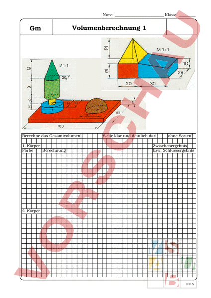 Arbeitsblatt: Volumenberechnung1 - Geometrie - Körper / Figuren