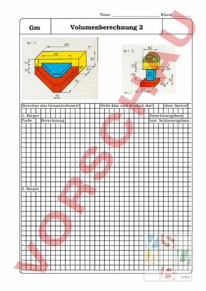 Arbeitsblatt: Volumenberechnung 2 - Geometrie - Körper / Figuren