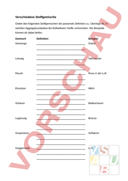 Arbeitsblatt: Stoffgemische - Chemie - Anderes Thema