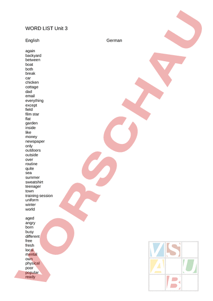 Arbeitsblatt: Inspiration 1 - Word list U3 - Englisch - Wortschatz