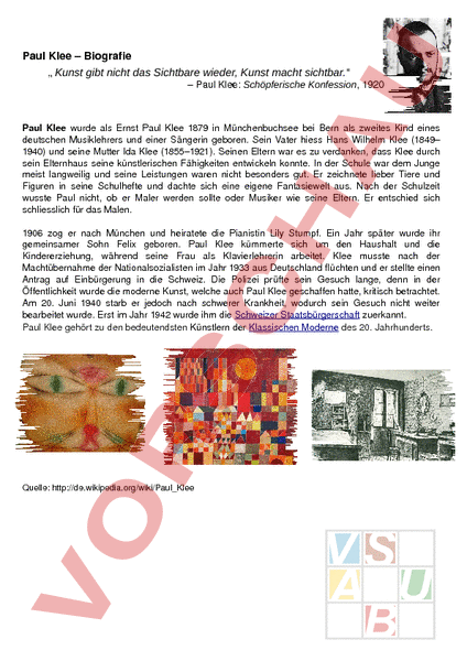 Arbeitsblatt: Paul Klee - Bildnerisches Gestalten - Kunstgeschichte