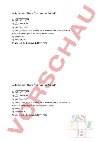 Arbeitsblatt: Mathematik 3 - 3a Potenzen und Wurzel - Mathematik ...