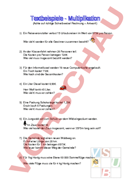Arbeitsblatt: Textbeispiele Multiplizieren - Mathematik - Multiplikation