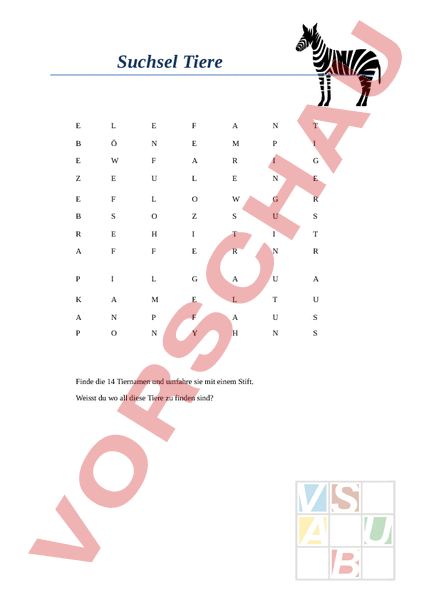 Arbeitsblatt: Suchsel Tiere (Zoo) - Biologie - Tiere