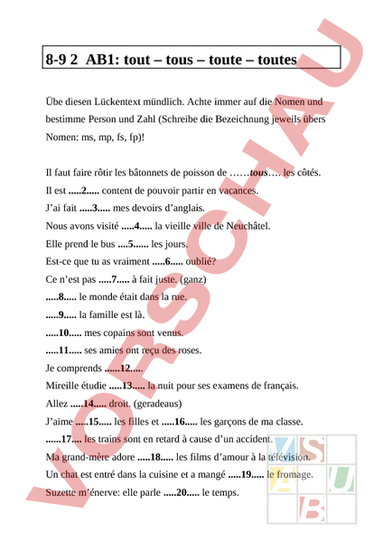 Arbeitsblatt: tout-toute - Französisch - Lehrmittel