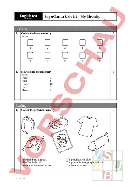 Arbeitsblatt: SuperBus1 Tests_U1 - Englisch - Gemischte Themen