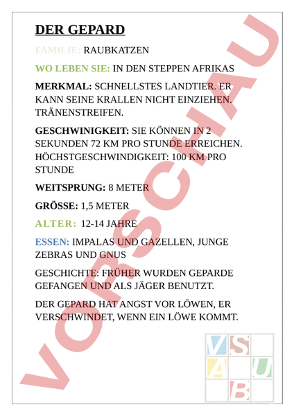 Arbeitsblatt: Der Gepard - Biologie - Tiere