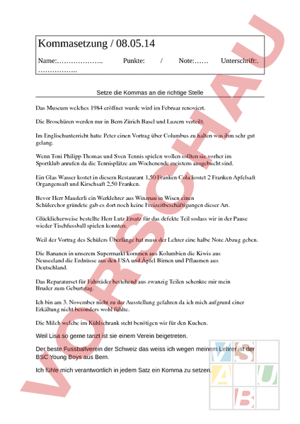 Arbeitsblatt: Kommasetzung Test - Deutsch - Grammatik