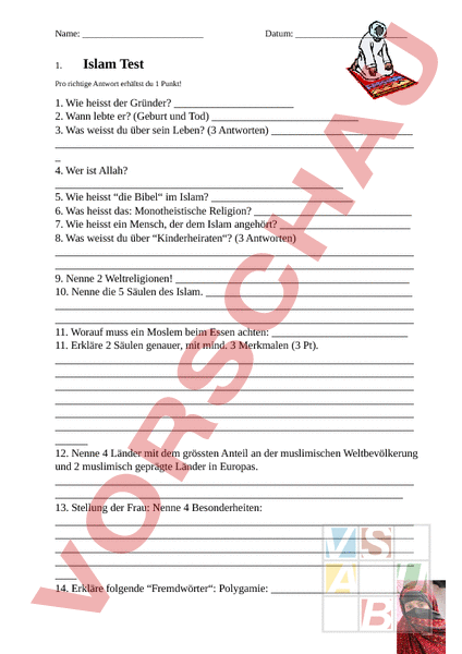 Arbeitsblatt: Test Islam (für Anfänger) - Lebenskunde - Religionslehre ...