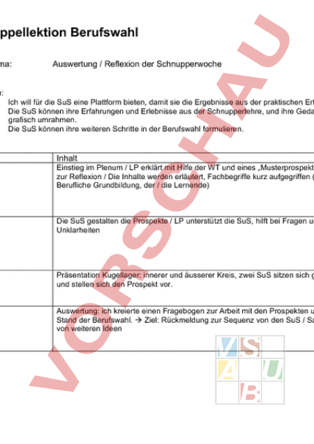 Arbeitsblatt: Auswertung Schnupperlehre - Lebenskunde - Berufswahl