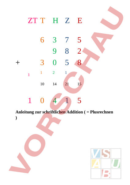 Arbeitsblatt: Anleitung zur schriftlichen Addition - Mathematik - Addition