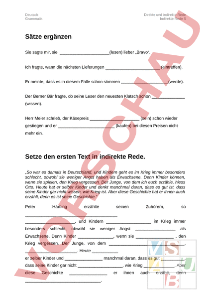 Arbeitsblatt: Indirekte Rede - Deutsch - Grammatik