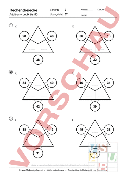 Arbeitsblatt: Rechendreiecke Addition bis 50 - Mathematik - Addition