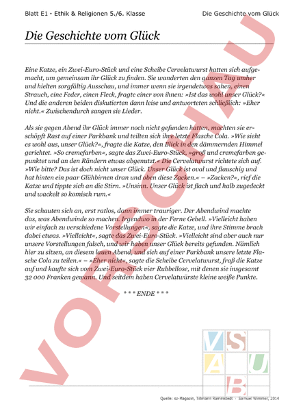 Arbeitsblatt: Die Geschichte vom Glück - Lebenskunde - Ethik / Moral