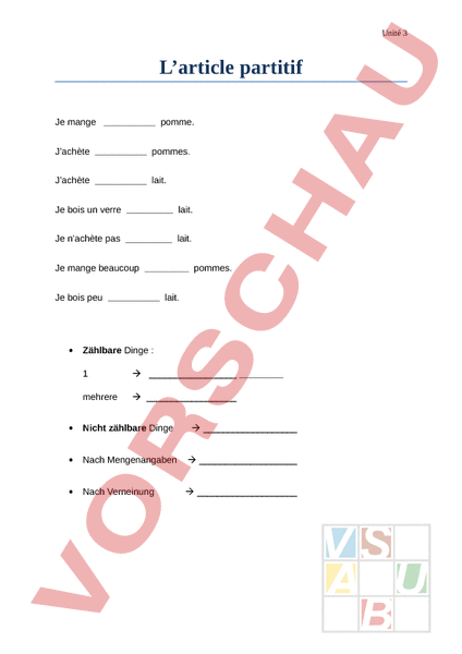 Arbeitsblatt: Article partitif - Französisch - Grammatik