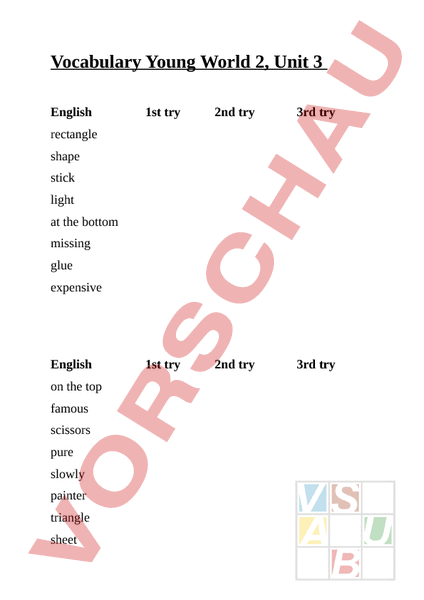 Arbeitsblatt: Young world 2, Unit 3 - Englisch - Wortschatz