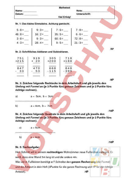 Arbeitsblatt: Mathetest - Mathematik - Schriftliches Rechnen