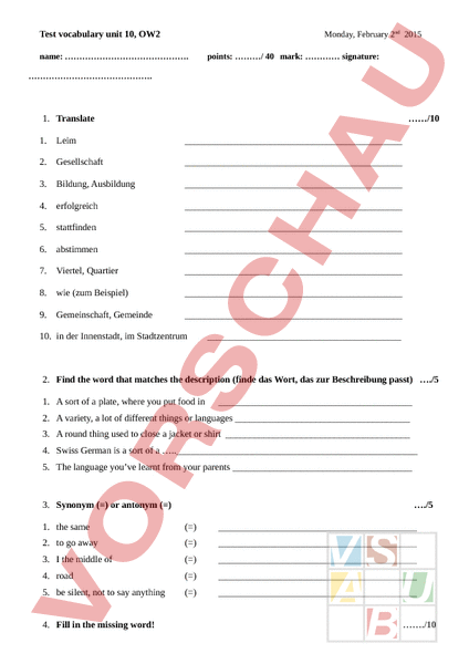 Arbeitsblatt: OW2: Voci test U 10 - Englisch - Lehrmittel