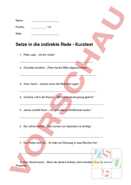 Arbeitsblatt: indirekte Rede - Test - Deutsch - Grammatik