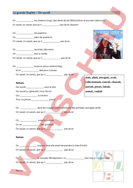 Arbeitsblatt: Lied on savait - La grande Sophie - Französisch - Grammatik