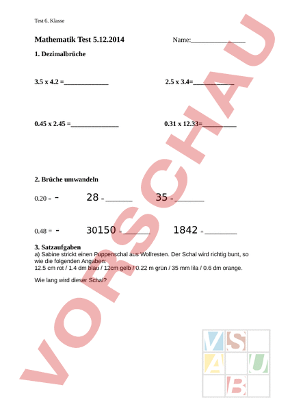 Arbeitsblatt: Test Repetition Mathematik - Mathematik - Gemischte Themen