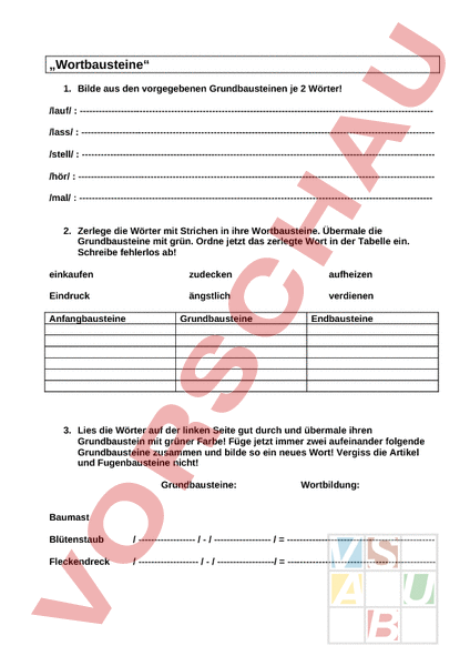 Arbeitsblatt: Wortbausteine - Deutsch - Grammatik