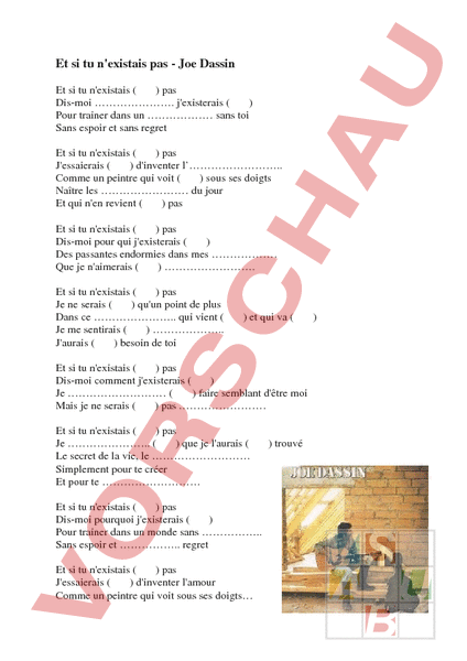Arbeitsblatt: Et si tu n'existais pas - Joe Dassin - Französisch ...