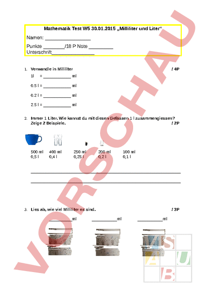Arbeitsblatt: Mathtest Milliliter und Liter - Mathematik - Sachrechnen ...