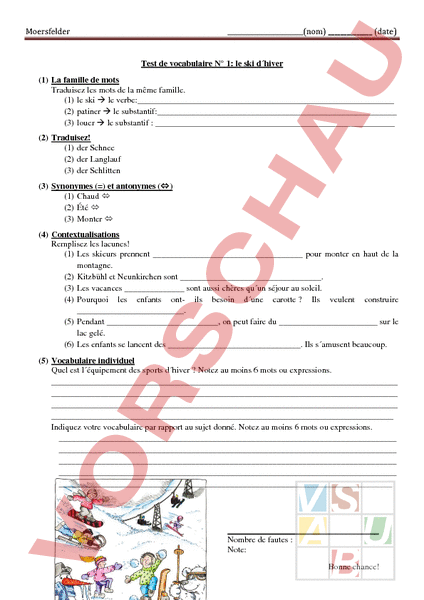 Arbeitsblatt: Les vacances d´hiver - Französisch - Wortschatz