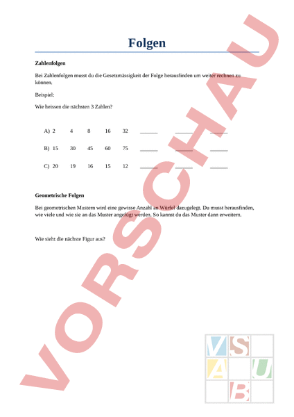 Arbeitsblatt: Folgen - Mathematik - Addition
