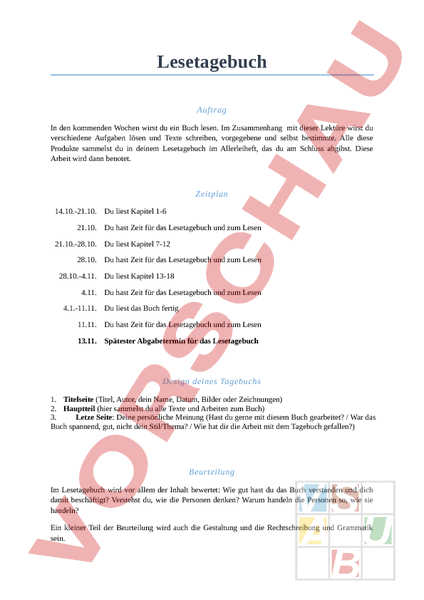 Arbeitsblatt: Lesetagebuch - Deutsch - Leseförderung / Literatur