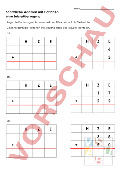 Arbeitsblatt: schriftliche Addition mit Plättchen - ohne Zehnerübertrag ...