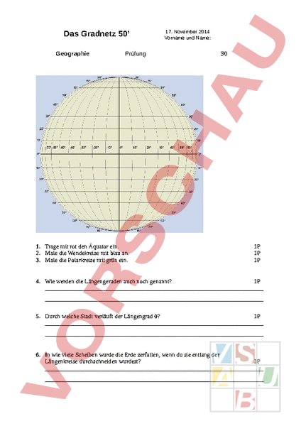 Arbeitsblatt: Geographie Gradnetz - Geographie - Kartographie / Gradnetz