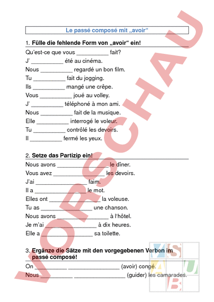 Arbeitsblatt: Passé Composé mit dem Verb avoir - Französisch - Grammatik