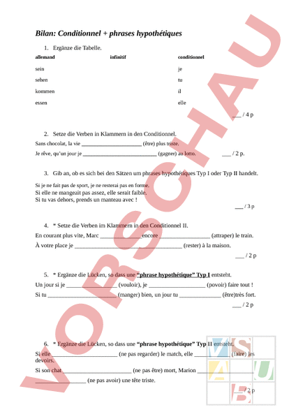 Arbeitsblatt: bilan conditionnel + phrases hypothétiques - Französisch ...