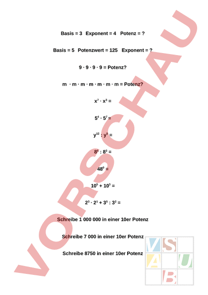 Arbeitsblatt: Potenzen Lernkarten - Mathematik - Algebra