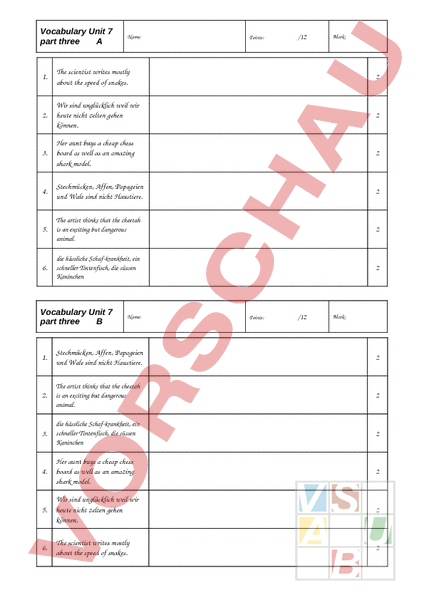 Arbeitsblatt: Vocabulary Test Unit 7 - Englisch - Wortschatz
