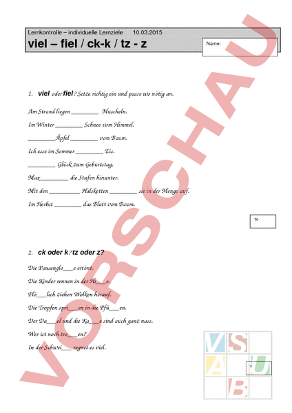 Arbeitsblatt: Prüfung ck_k, viel_fiel, tz_z - Deutsch - Grammatik