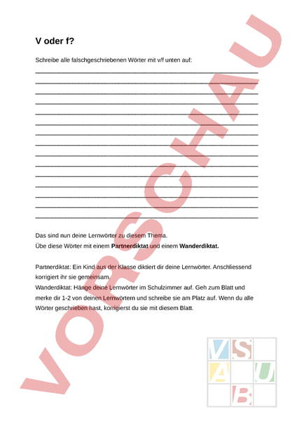 Arbeitsblatt: V oder f - Deutsch - Rechtschreibung