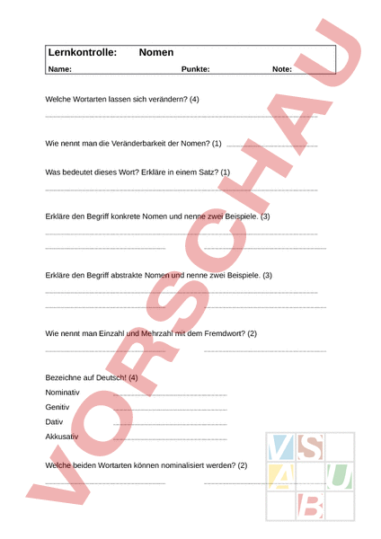 Arbeitsblatt: Lernkontrolle Nomen - Deutsch - Grammatik