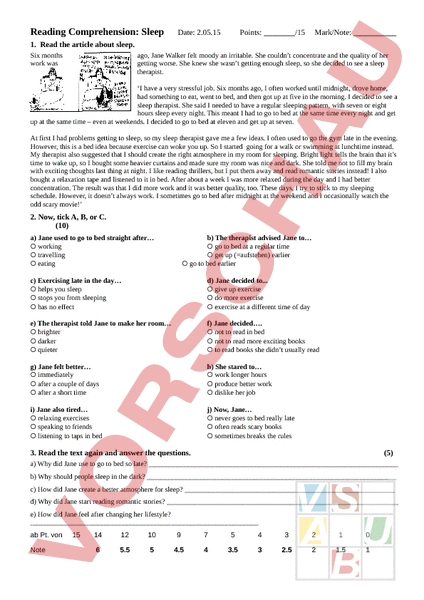 Arbeitsblatt: Reading Comprehension: Sleep - Englisch - Lesen / Literatur