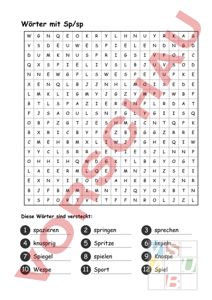 Arbeitsblatt: Wortgitter_Wörter mit SP - Deutsch - DaZ
