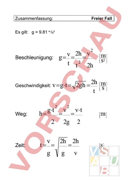 Arbeitsblatt: der freie Fall - Physik - Gemischte Themen