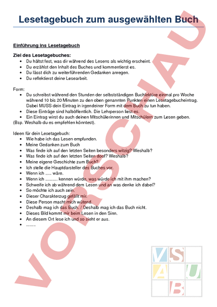 Arbeitsblatt: Lesetagebuch verfassen - Deutsch - Leseförderung / Literatur