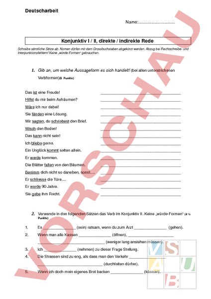Arbeitsblatt: Direkte / Indirekte Rede - Prüfung - Deutsch - Grammatik