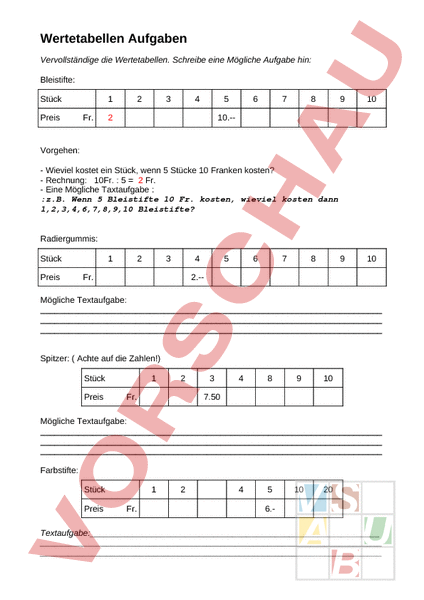 Arbeitsblatt: Wertetabelle Aufgaben mit Beschreibung - Mathematik ...